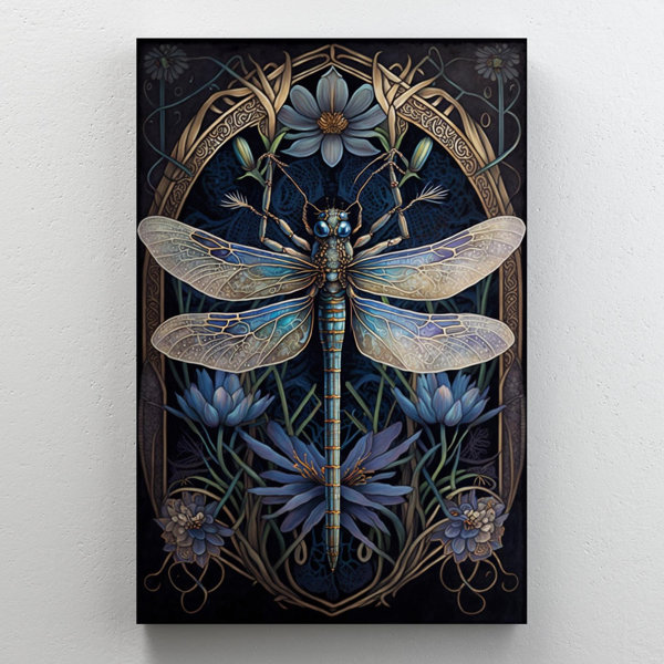 August Grove® Irises And Dragonfly - Wrapped Canvas Graphic Art | Wayfair